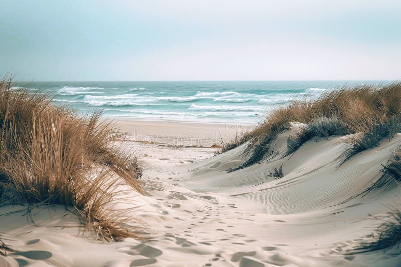 Beach with Sand Dunes and Sparse Vegetation, Gentle Waves in the ...
