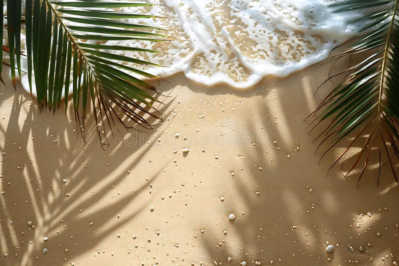 Beach Sand Texture with Palm Leaf Shadow and Water Drops, Top View ...