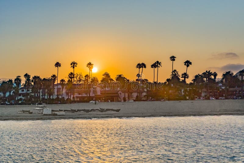Beach of Santa Barbara in Sunset Stock Image - Image of america, sunset ...