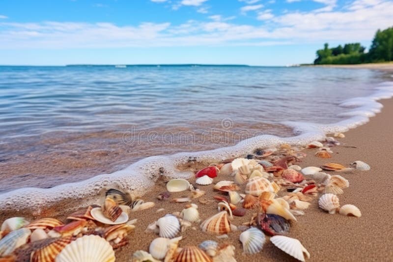 A Beach Scattered with Colorful Seashells and Tide Rolling in during ...