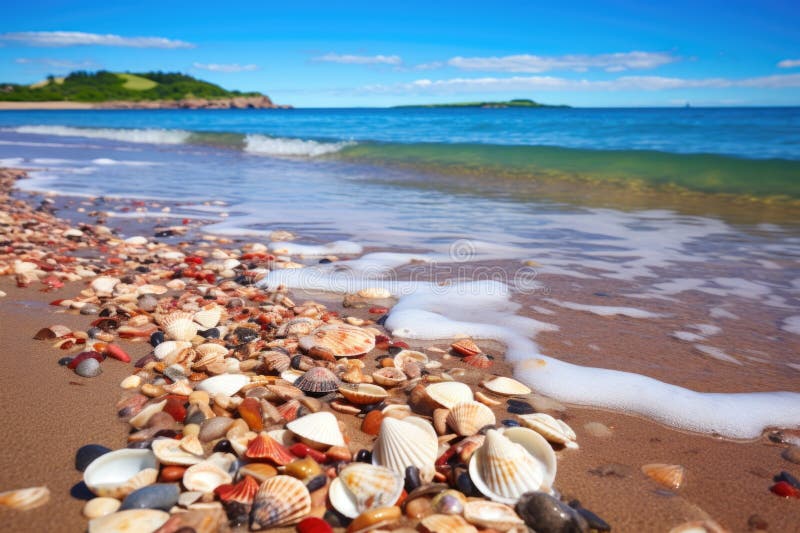 A Beach Scattered with Colorful Seashells and Tide Rolling in during ...