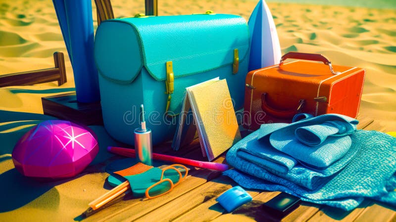 Beach Scene with Bag, Sunglasses, Notebook and Other Items. Generative ...