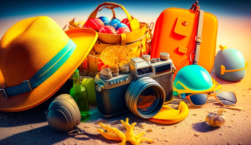 Beach Scene with Camera, Hat, Sunglasses, and Other Items. Generative ...