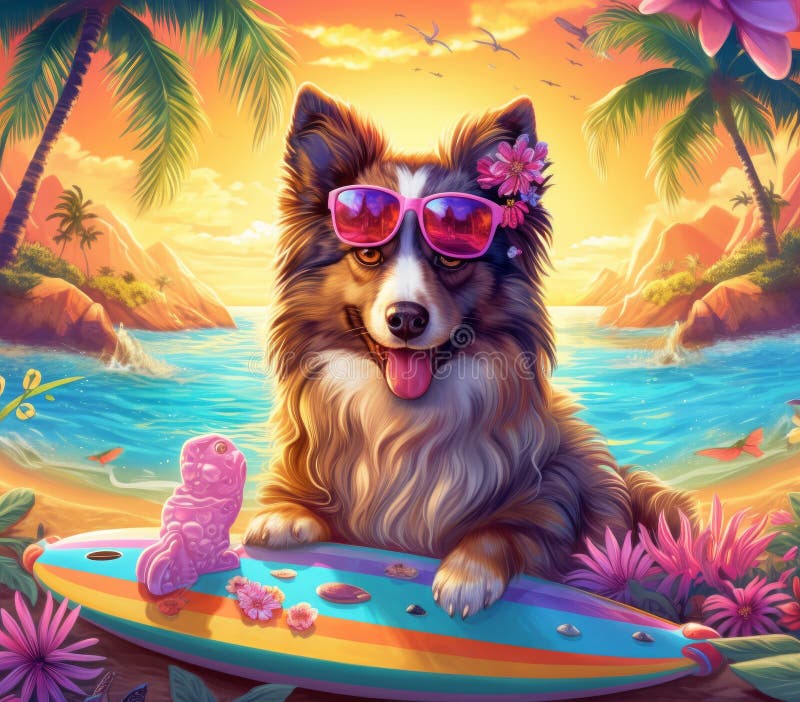 A Beach Scene of a Colorful Shetland Sheepdog Generative AI Stock ...