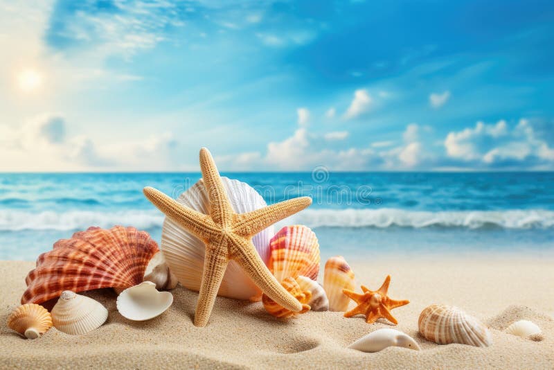 Beach Scene Concept with Sea Shells and Starfish Stock Illustration ...