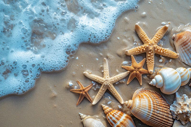 Beach Scene Concept with Sea Shells and Starfish Stock Illustration ...