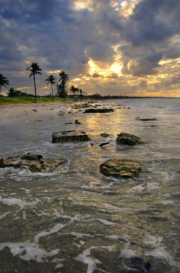 Beach Scene with Dramatic Sunset, Cuba Stock Image - Image of exotic ...