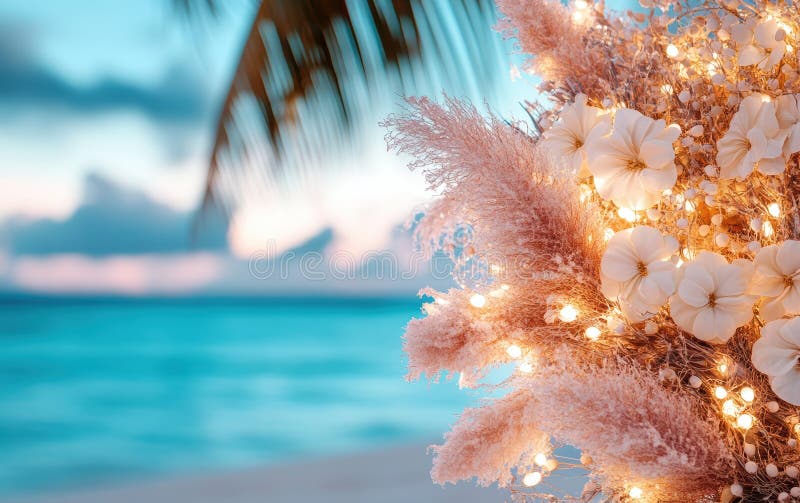 A Beach Scene Featuring a Bouquet of Flowers Illuminated by Soft Lights ...