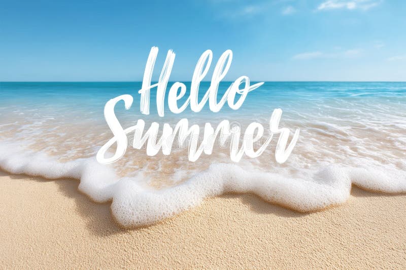 A Beach Scene Featuring a Cheerful Hello Summer Message Under Bright ...