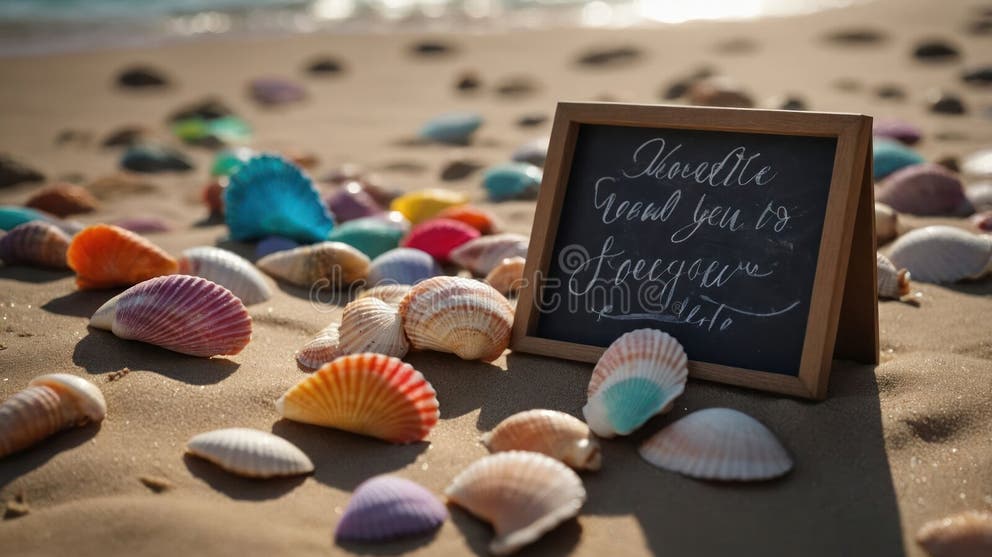 Romantic Seashells and Chalkboard Wedding Message on Sandy Beach Stock ...