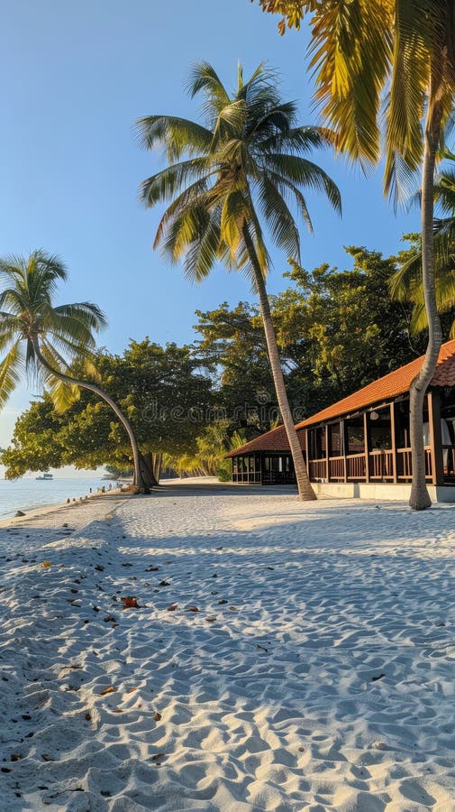 A Beach Scene Featuring Palm Trees and a Building on the Shore Stock ...
