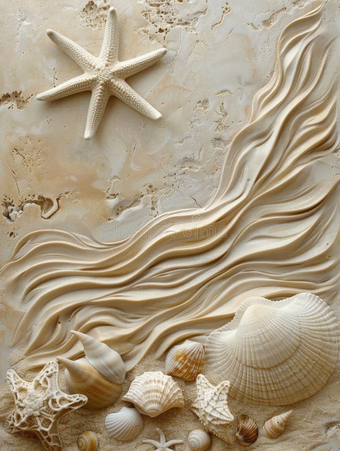 Beach Scene with a Starfish and Various Shells in the Sand Stock Image ...