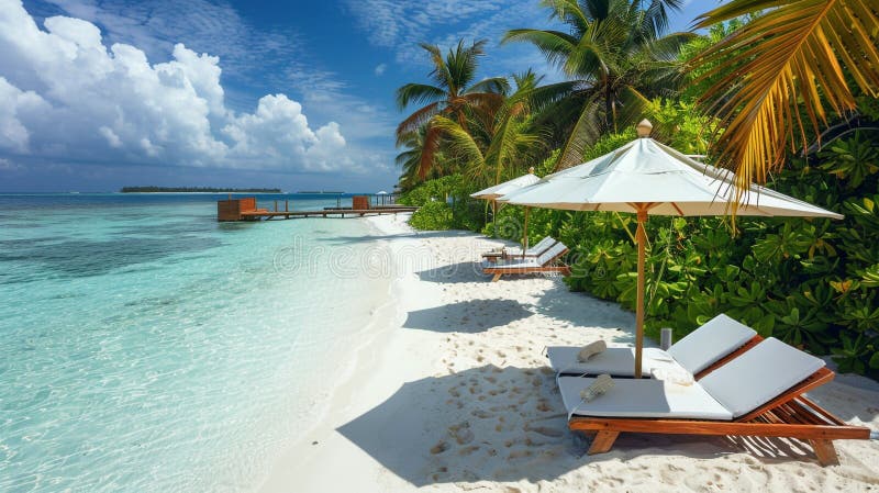 Beach Scene Featuring Sun Loungers on White Sand by Clear Water Stock ...