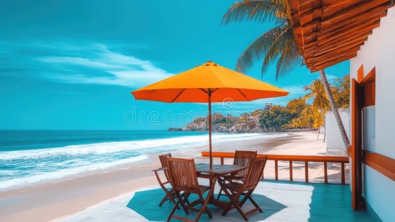 A Beach Scene Featuring a Table, Chairs, and an Umbrella for Relaxation ...