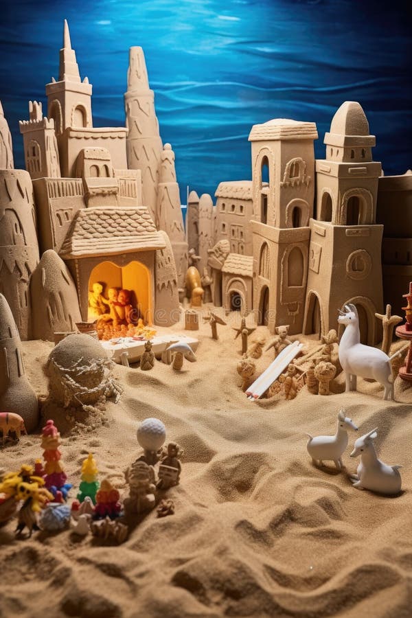 Beach Scene with Holiday-themed Sand Sculptures and Decorations Stock ...