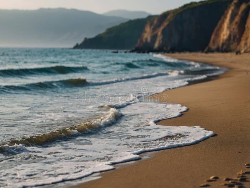 A Beach Scene with Incoming Waves at the Shoreline and a Cliff Beyond ...