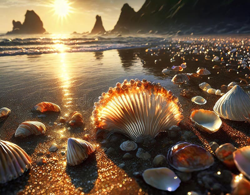 A Beach Scene with a Large Shell on the Sand Stock Illustration ...