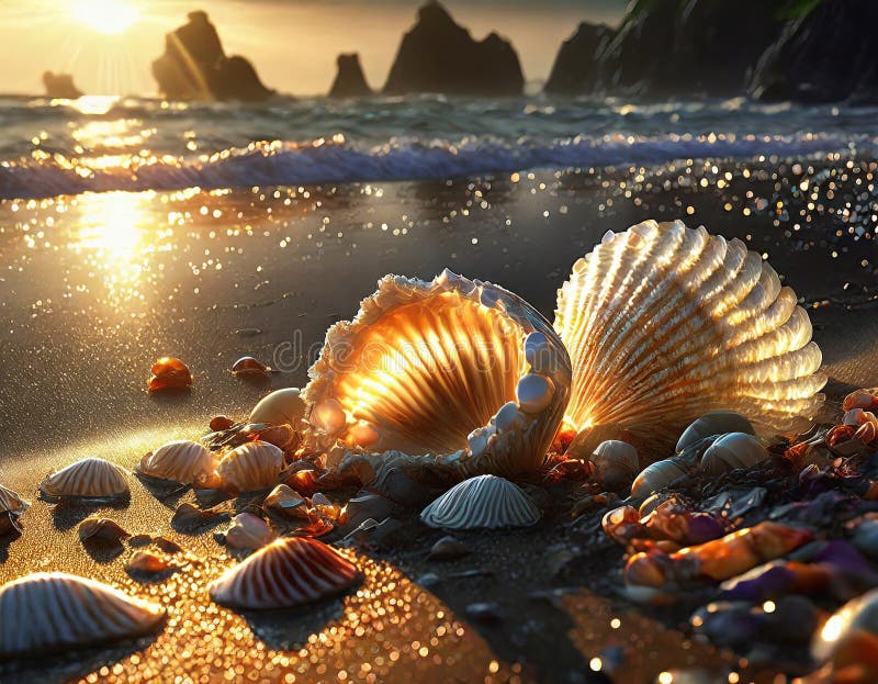 A Beach Scene with a Large Shell on the Sand Stock Illustration ...