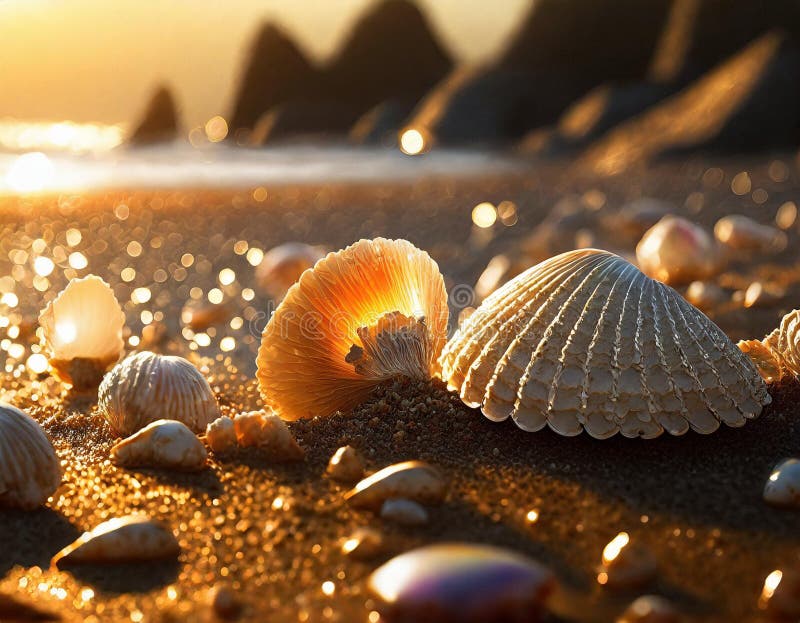 A Beach Scene with a Large Shell on the Sand Stock Illustration ...