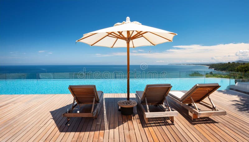 A Beach Scene with a Large Umbrella and Three Lounge Chairs Stock Photo ...