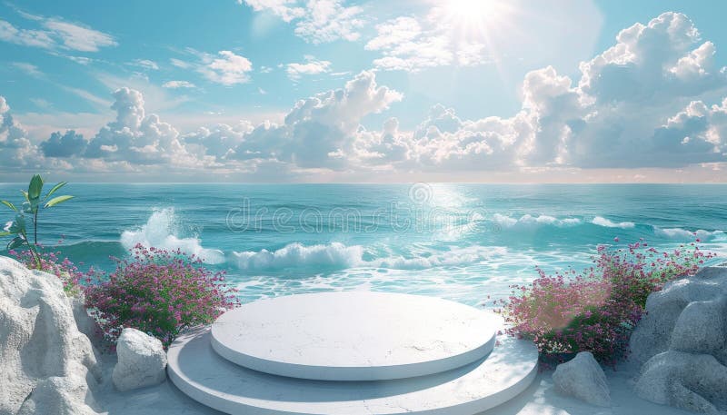 A Beach Scene with a Large White Stone Platform with Steps Leading Up ...