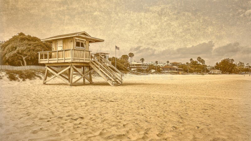 Beach Scene with Lifeguard Tower and Sandy Shore Stock Illustration ...