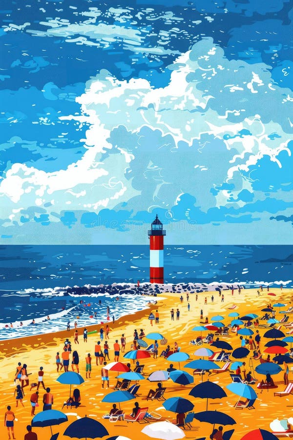 A Beach Scene with a Lighthouse in the Distance Stock Image - Image of ...