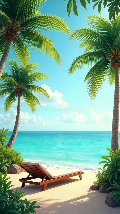 Beach Scene with a Lounge Chair and Palm Trees Stock Illustration ...