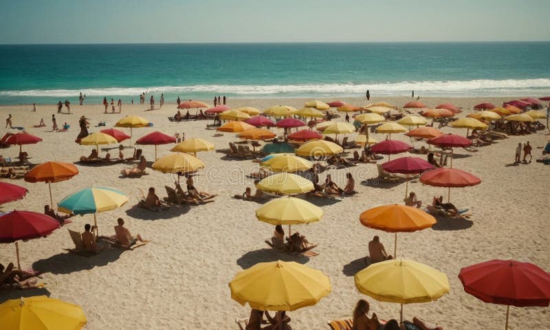 A Beach Scene with Many People and Many Umbrellas Stock Illustration ...