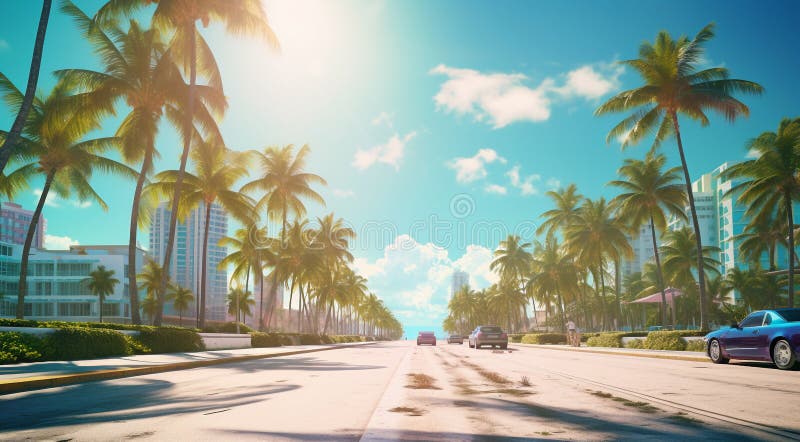 Beach Scene, Miami Street with Palms, Palms in the Miami Stock Photo ...