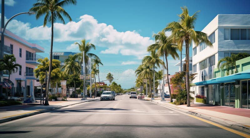 Beach Scene, Miami Street with Palms, Palms in the Miami Stock ...