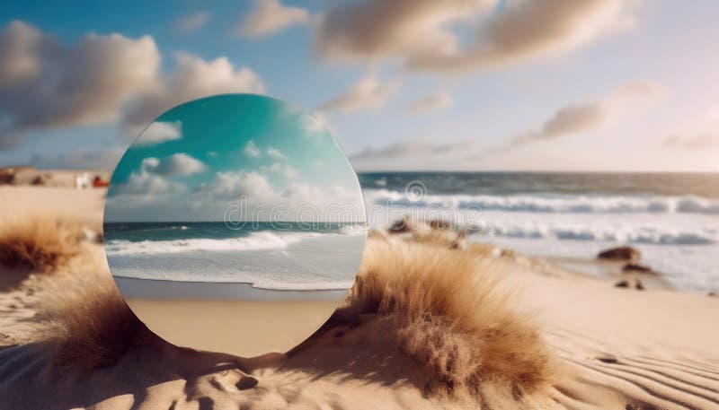 A Beach Scene with a Mirror Reflecting Waves and the Horizon, Blending ...