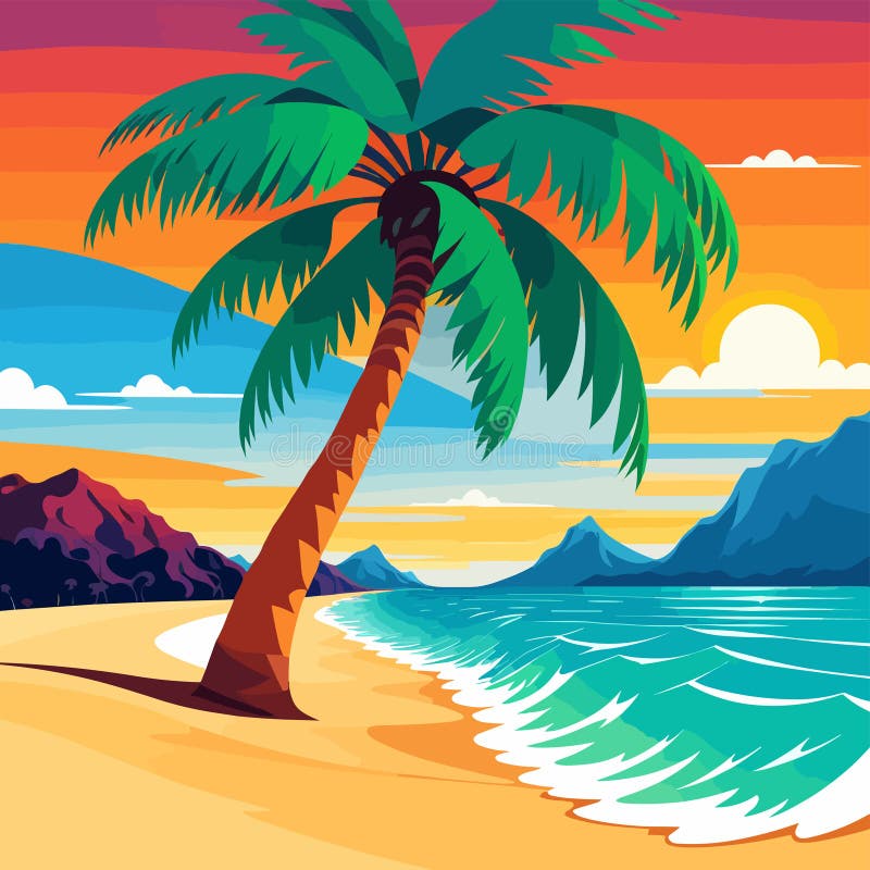 A Beach Scene with a Palm Tree on the Beach. Stock Illustration ...