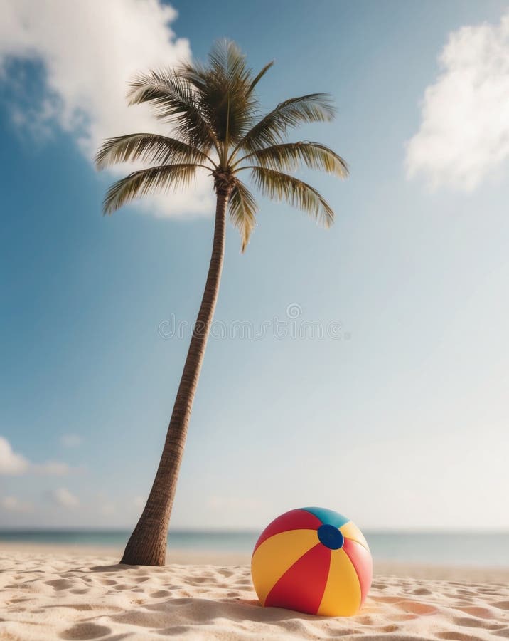 Beach Scene with Palm Tree and Beach Ball. Stock Image - Image of ...