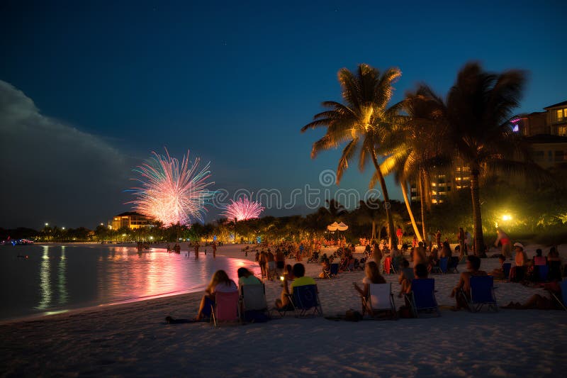 Group of People Watching Fireworks on the Beach. Palms, Festive ...