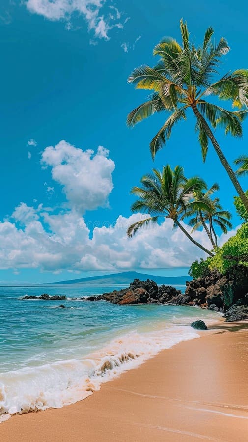Beach Scene with Palm Trees and Calm Ocean Stock Illustration ...
