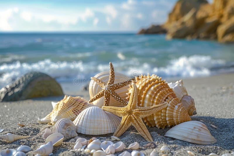 A Beach Scene with a Pile of Shells and a Starfish Stock Image - Image ...