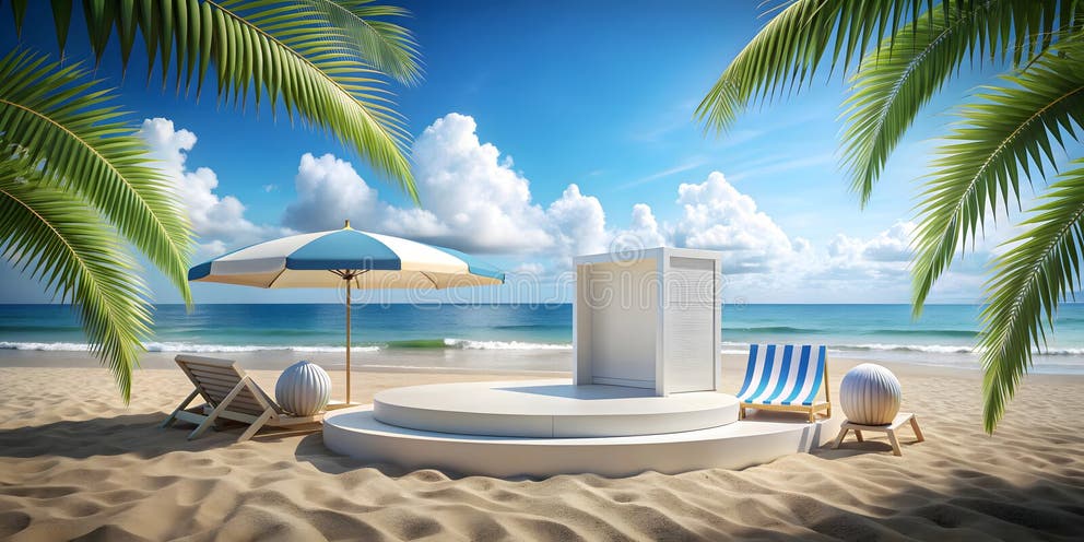 Beach Scene with Podium, Sunbeds and Umbrellas, 3d Render Stock Illustration - Illustration of ...