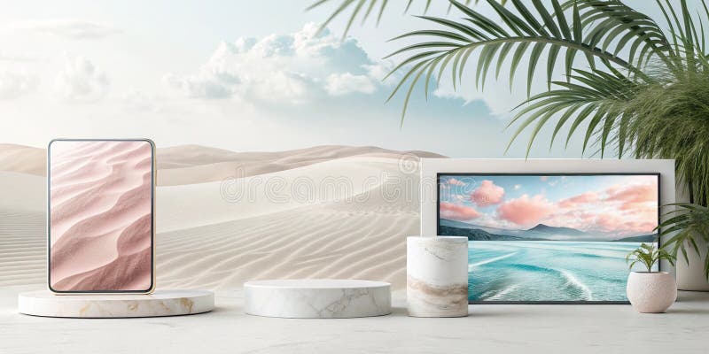 Beach Scene Product Display with Palm Trees and Marble Podium Stock ...