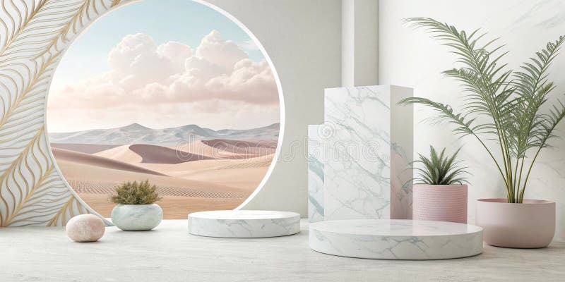 Beach Scene Product Display with Palm Trees and Marble Podium Stock ...