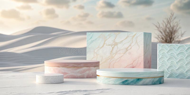 Beach Scene Product Display with Palm Trees and Marble Podium Stock ...