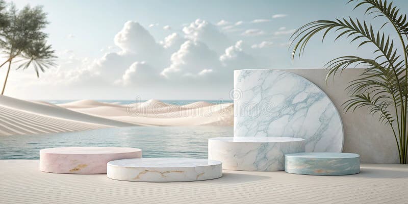 Beach Scene Product Display with Palm Trees and Marble Podium Stock ...