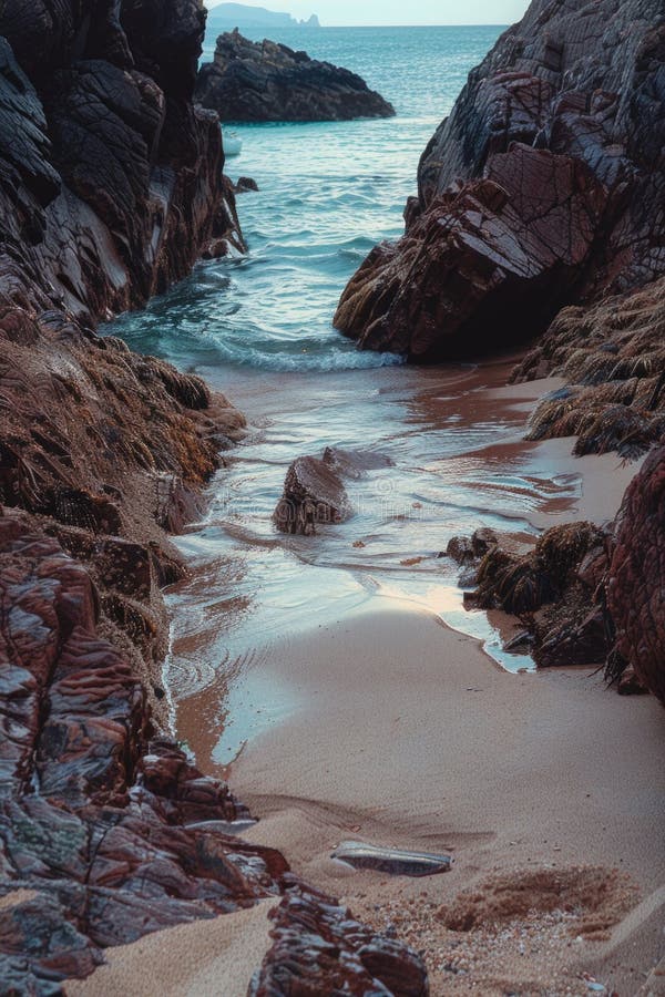 Beach Scene with Rocks and Ocean Stock Illustration - Illustration of ...