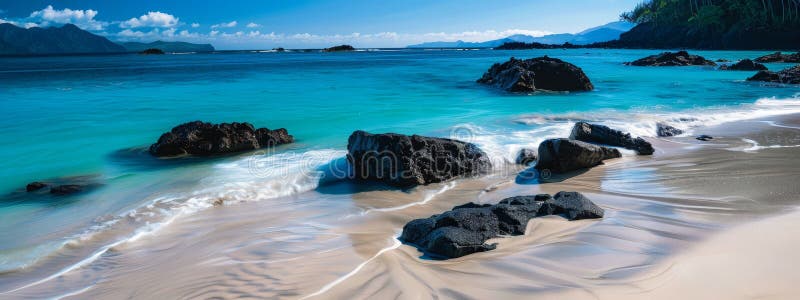 A Beach Scene with Rocks in the Shallow Water and a Distant Mountain ...