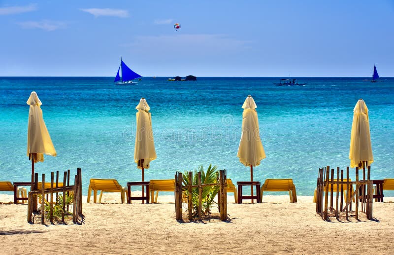 Beach Scene with Sail Boats Stock Image - Image of loungers, nature ...