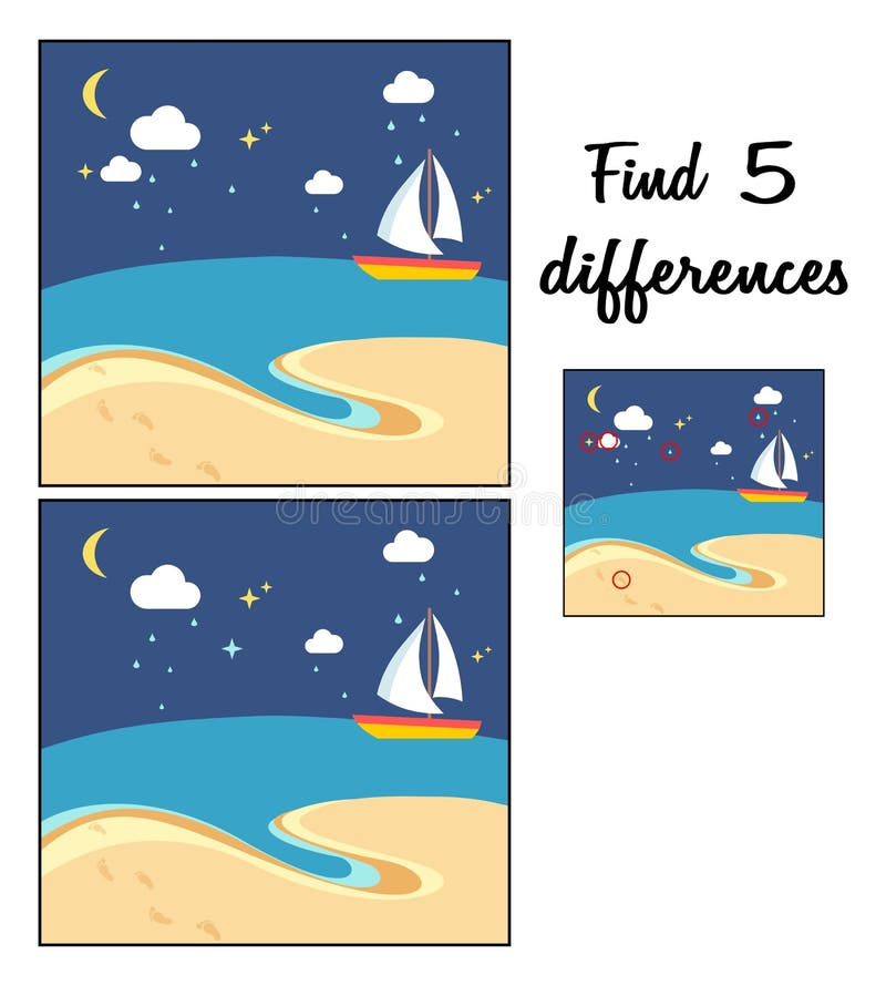 Beach Scene with the Sailing Boat at a Night. Find 5 Differences Stock ...