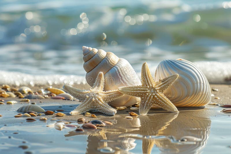A Beach Scene with a Starfish and Two Shells Stock Image - Image of ...