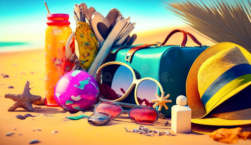 Beach Scene with Sunglasses, Hat, and Other Items on the Sand ...