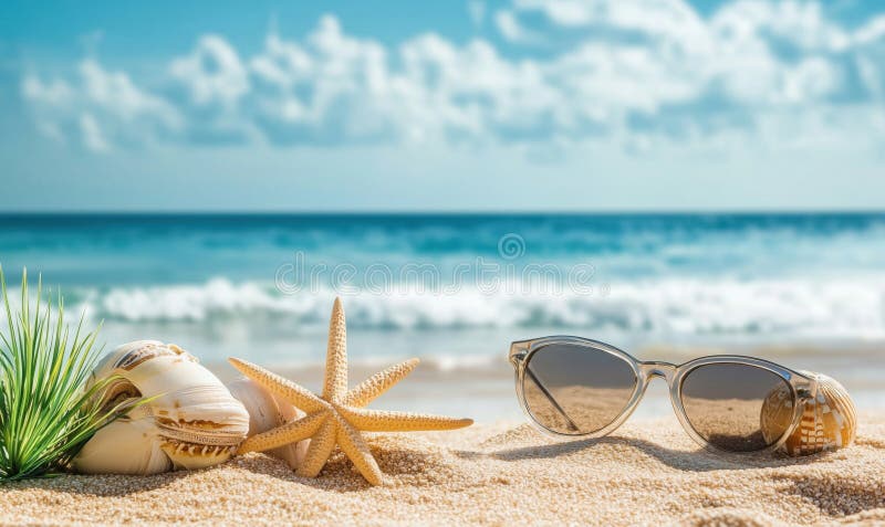 Beach Scene with Sunglasses, Shells, Starfish, and Grass Stock Image ...