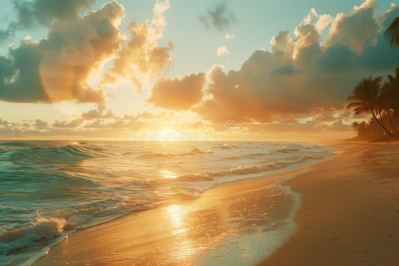 Beach Scene with Sunset, Calm Ocean and Empty Shore Stock Image - Image ...